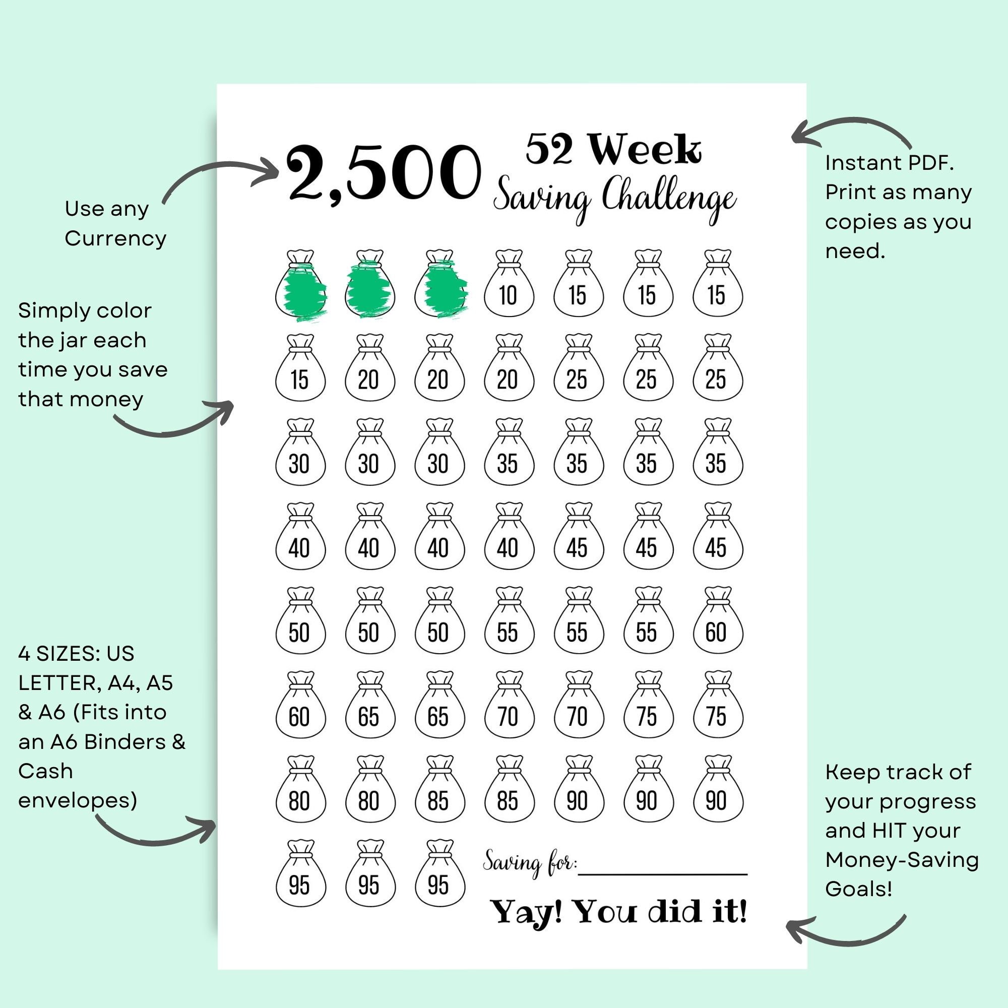 52 Week Saving Challenge Printable, 2500 Money Challenge, 1 Year ...