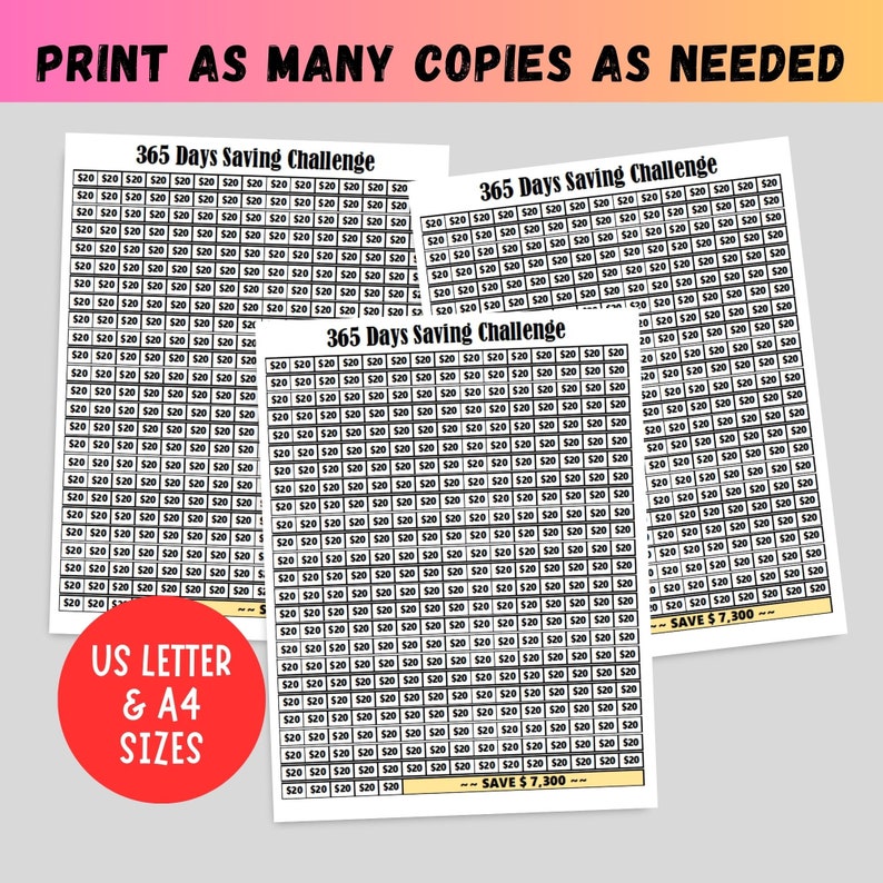 365 Days Savings Challenge, 20 Dollars Daily Saving Challenge ...