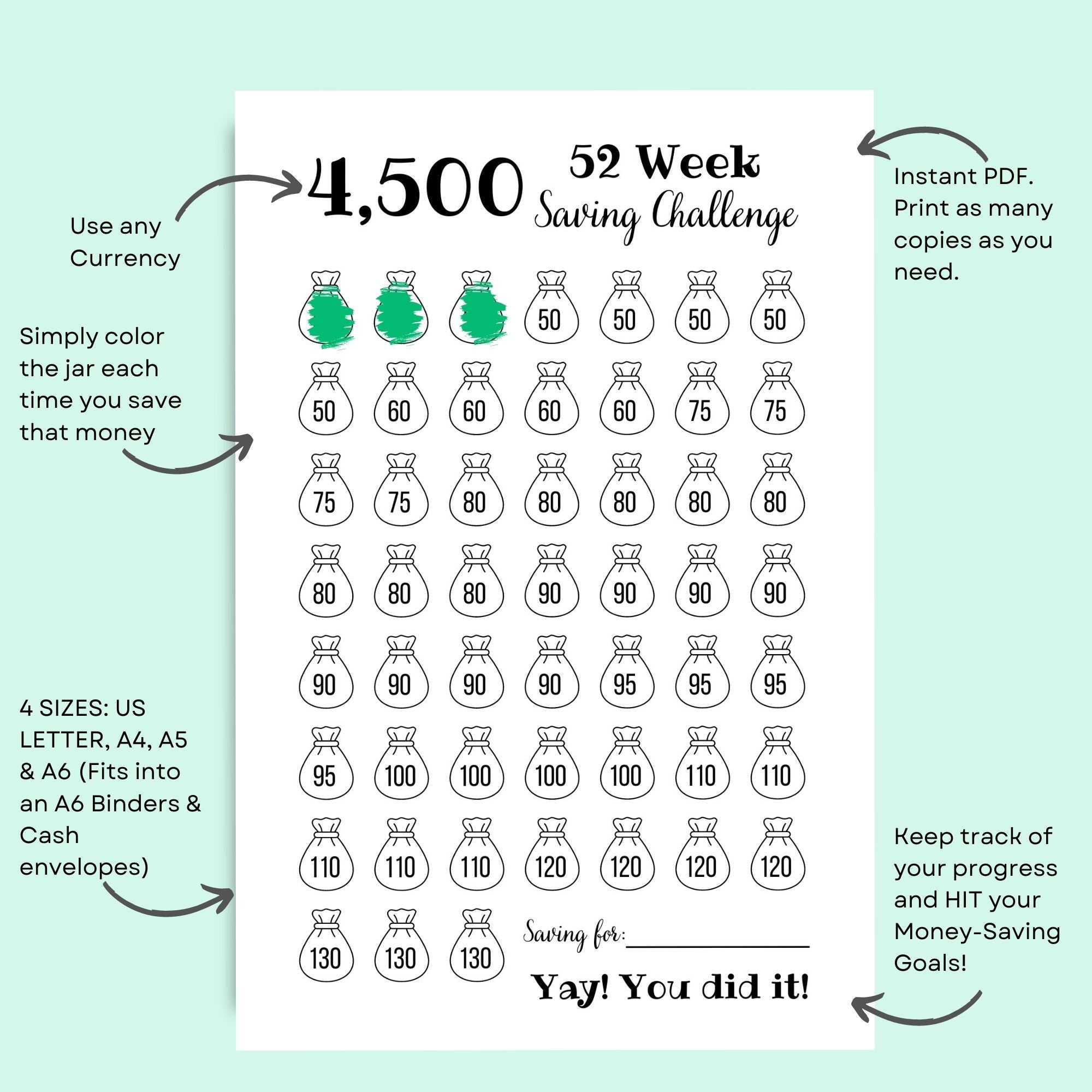 52 Week Saving Challenge Printable 4500 Money Challenge 1 - Etsy