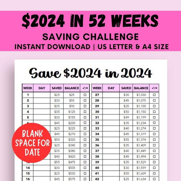 2024 Savings Challenge Printable - Etsy