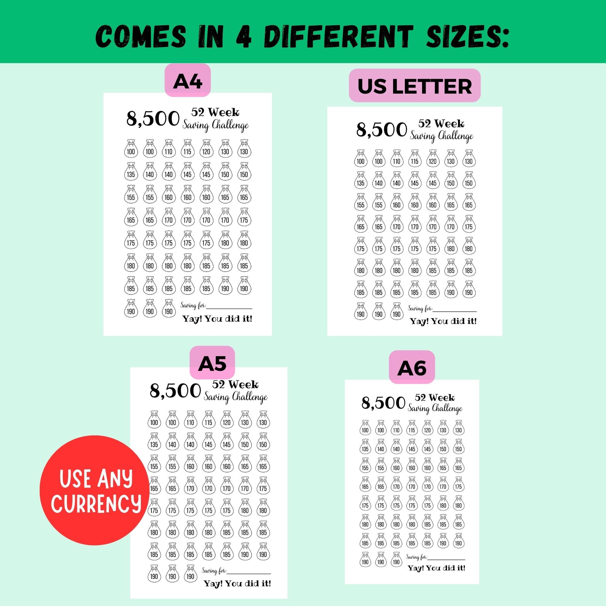 52 Week Saving Challenge Printable, 8500 Money Challenge, 1 Year Savings Challenge, 8500 Savings ...