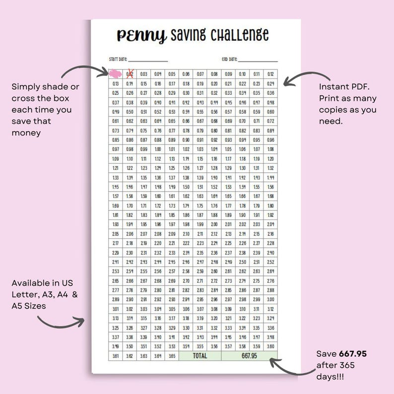 365 Day Penny Savings Challenge Printable: Low Income Savings Tracker ...