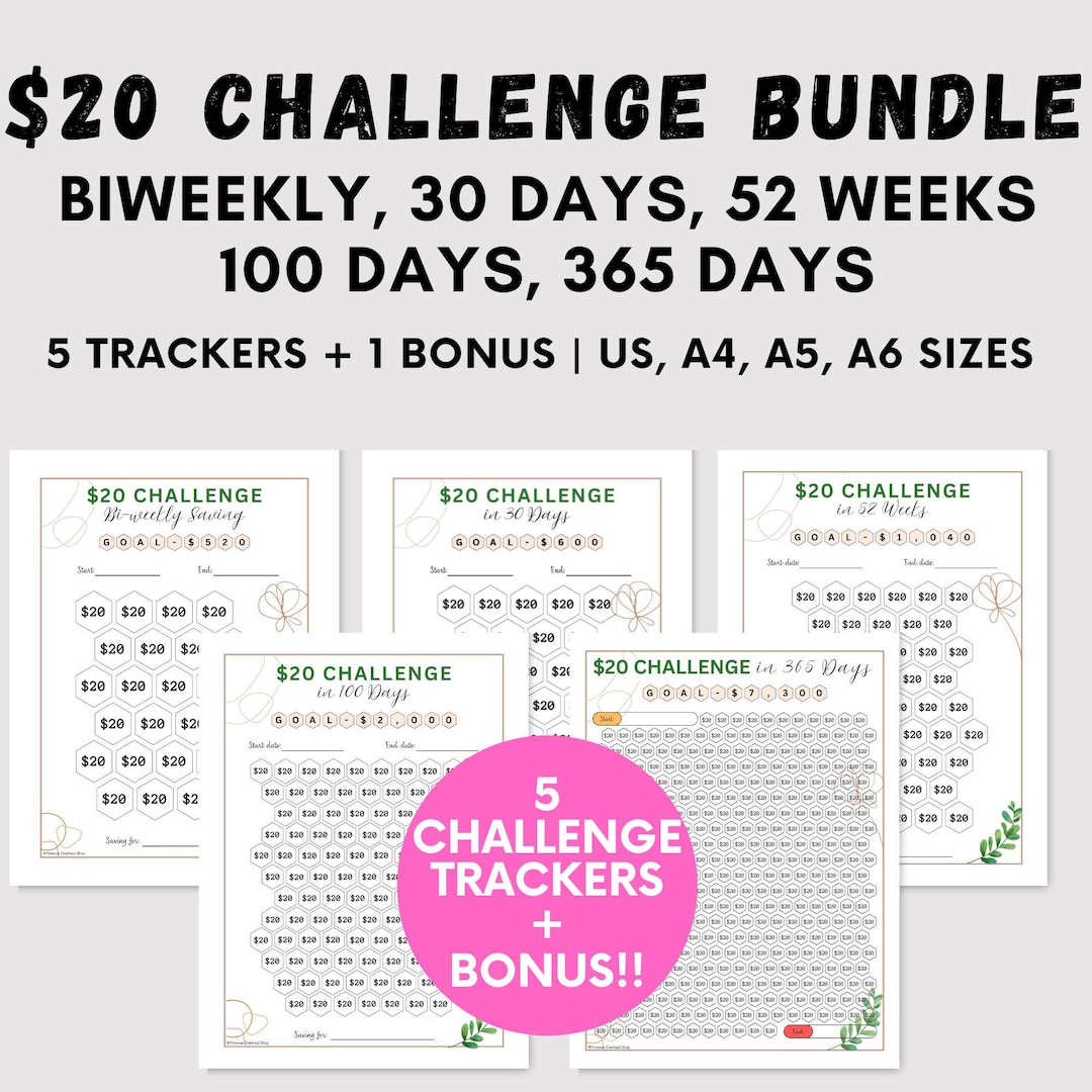 20 Dollar Challenge Bundle Printable, Savings Challenge Tracker, 20 ...