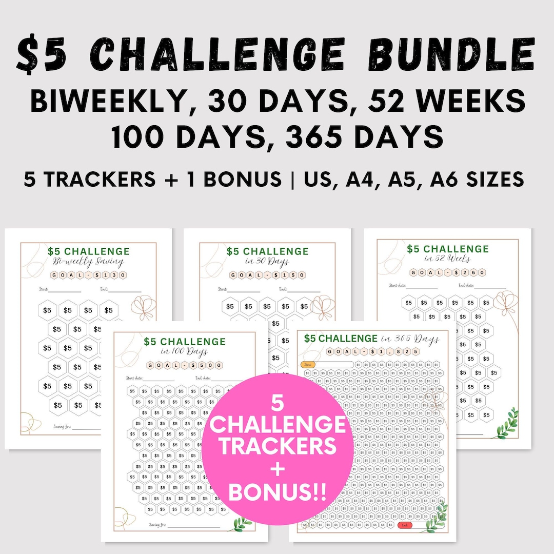5 Dollar Challenge Bundle Printable, Savings Challenge Tracker, 5 ...