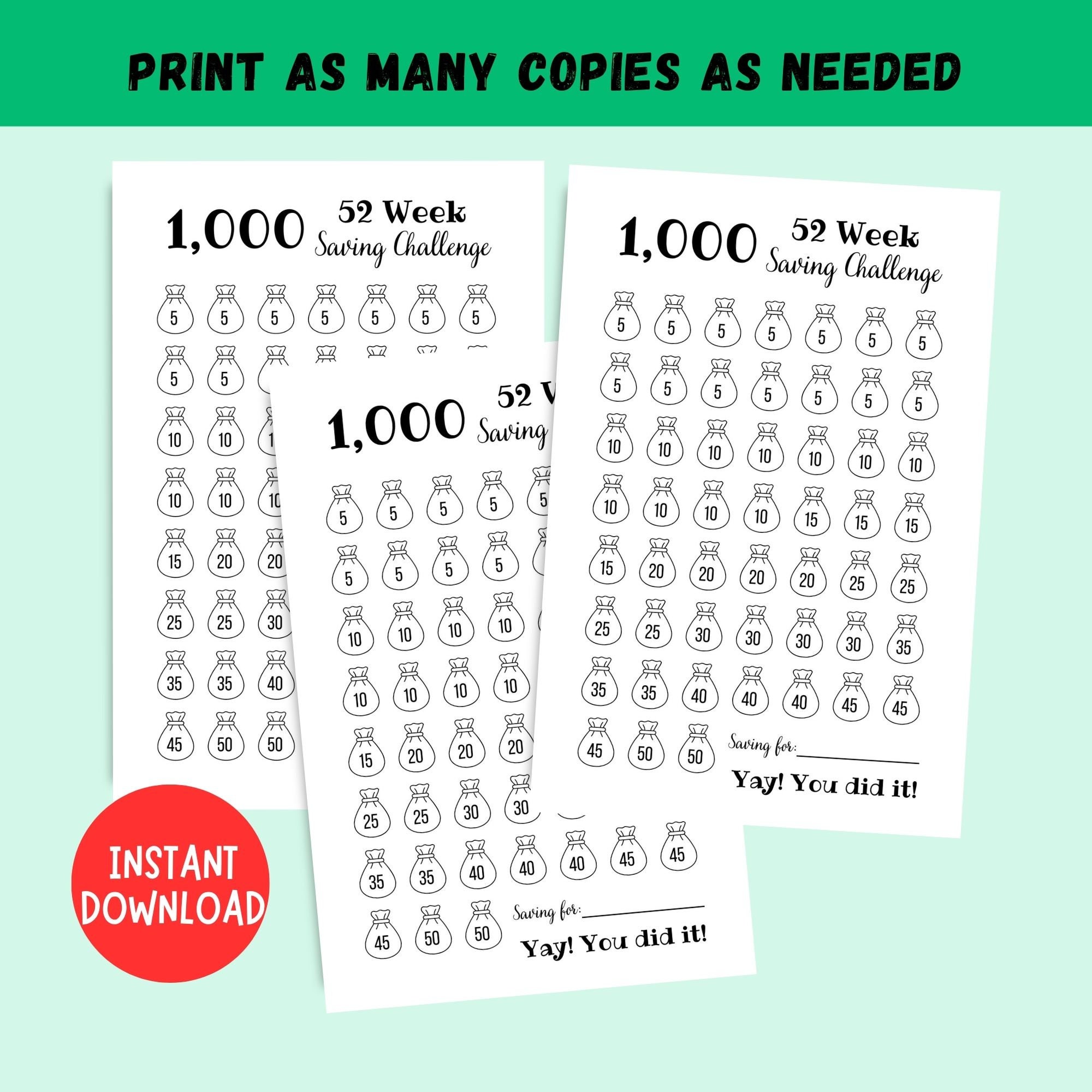52 Week Saving Challenge Printable 1000 Money Challenge 1K - Etsy