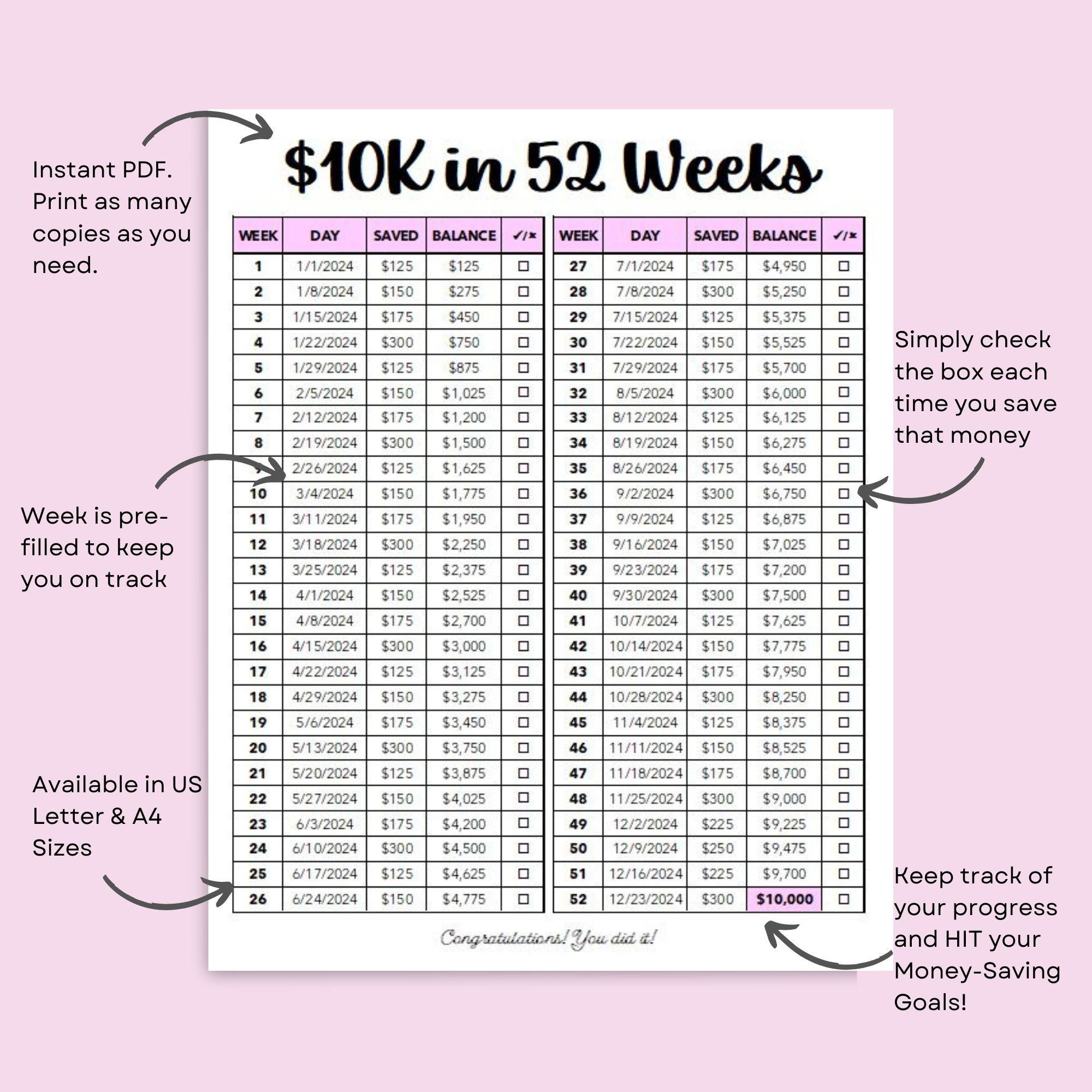 52 Week Saving Challenge Printable, 10K Saving Challenge, 1 Year ...