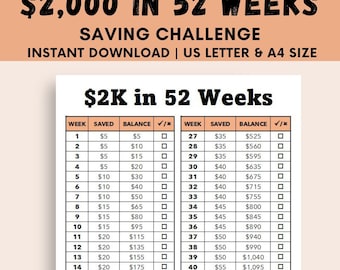 20 Dollar Savings Challenge 52 Weeks Savings Challenge 1 - Etsy