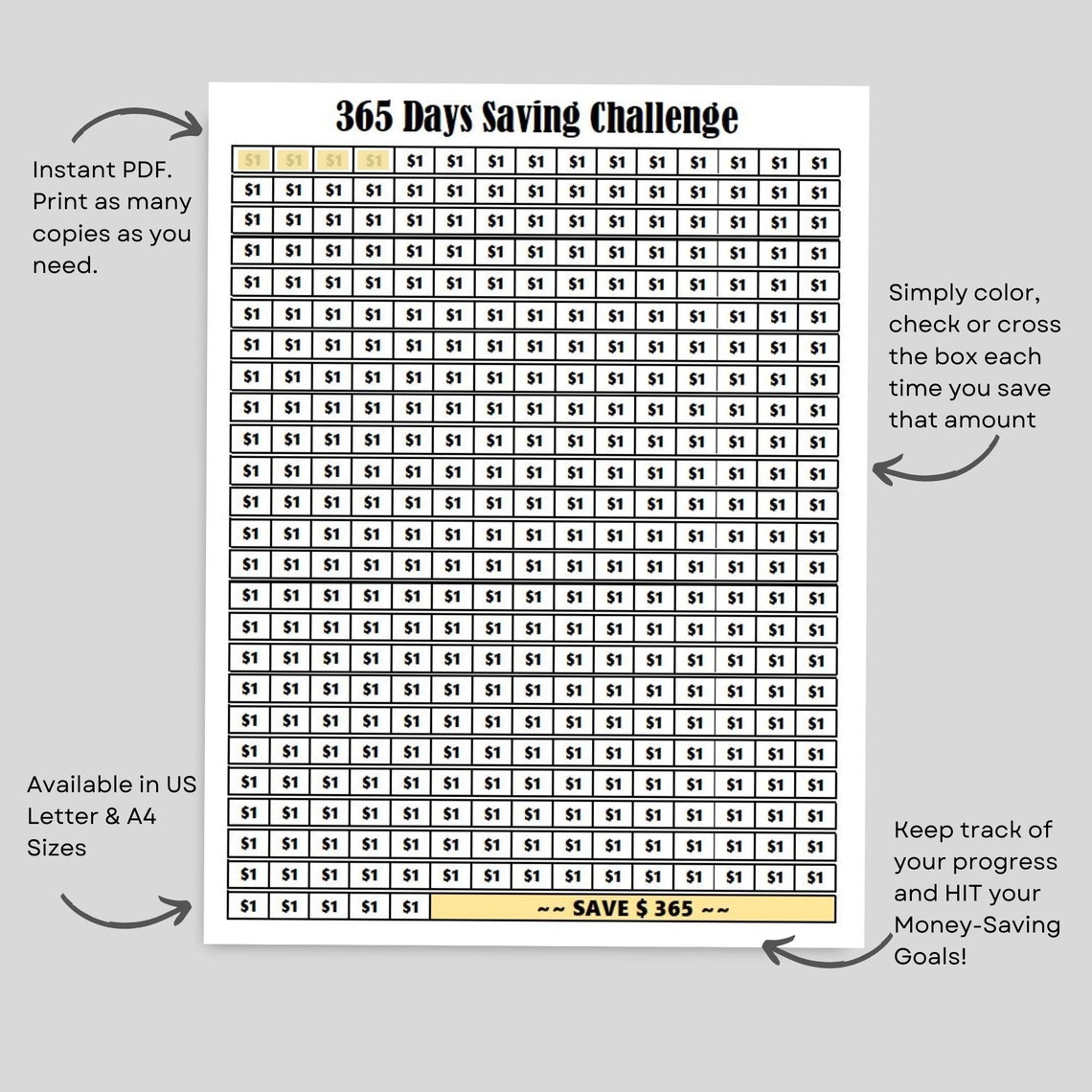 365 Days Savings Challenge, Printable Savings Tracker, 1 Dollar Daily ...