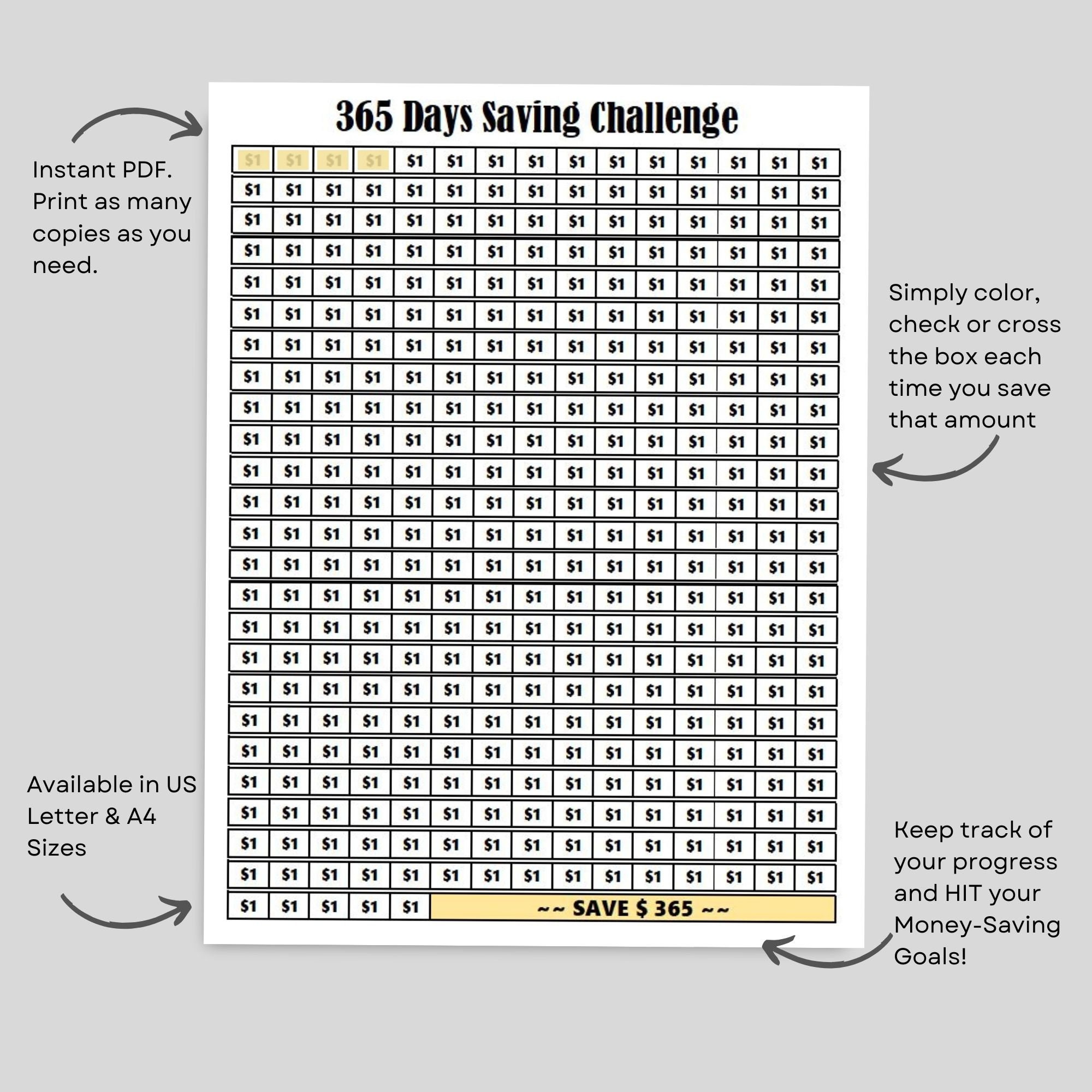 365 Days Savings Challenge, Printable Savings Tracker, 1 Dollar Daily Saving Challenge, 1 Year ...
