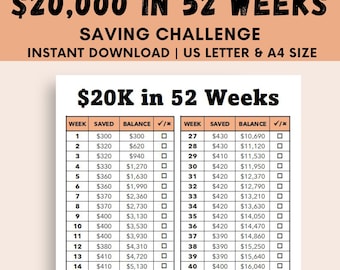 Save 20000 Dollars in 52 Weeks Money Saving Challenge 20K - Etsy