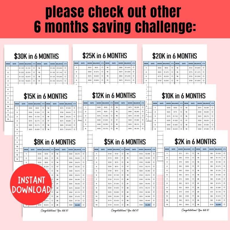6 Months Savings Challenge Printable, 1K Savings Challenge, 26 Weeks ...