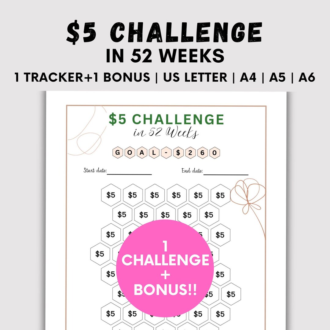 5 Dollar Challenge in 52 Weeks, Printable 5 Dollar Saving, Boho Savings ...