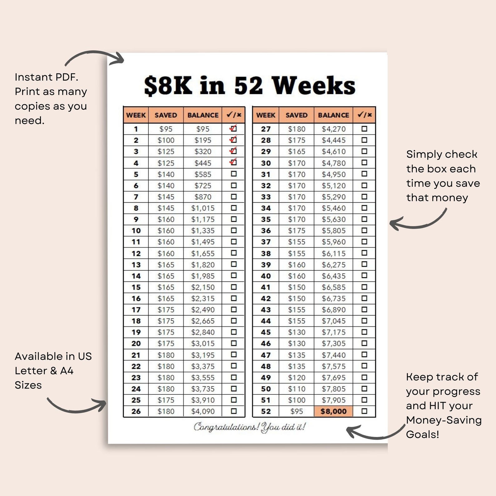 8K Savings Challenge Printable: 52 Week Money Tracker (US Letter & A4 ...