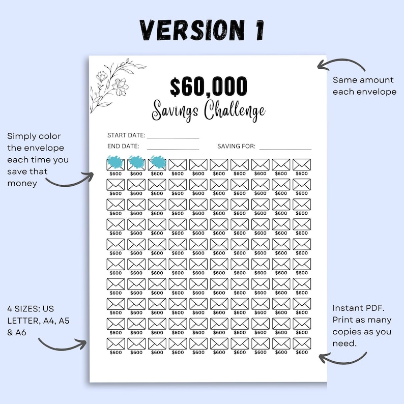 60K Saving Challenge, 100 Envelopes Challenge Printable, 60k Challenge ...