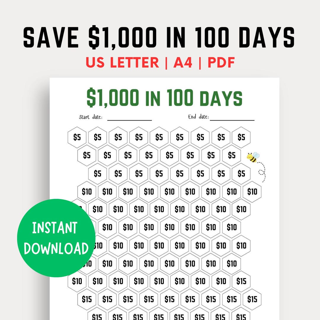 1,000 Money Saving Challenge Printable, Save 1,000 in 100 Days, Savings ...