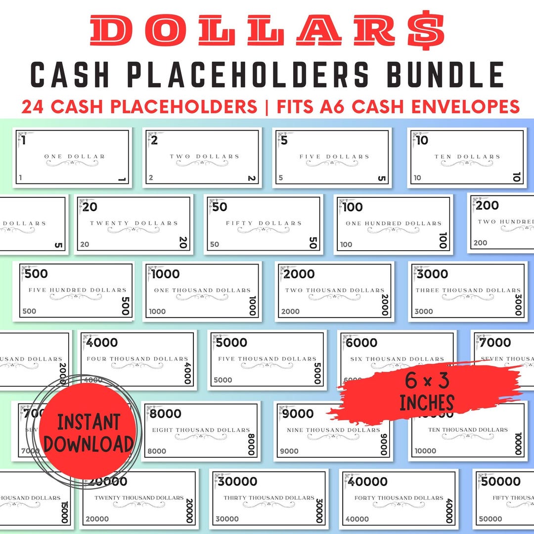 Printable DOLLAR Cash Placeholder Bundle, A6 Placeholder Set,printable ...