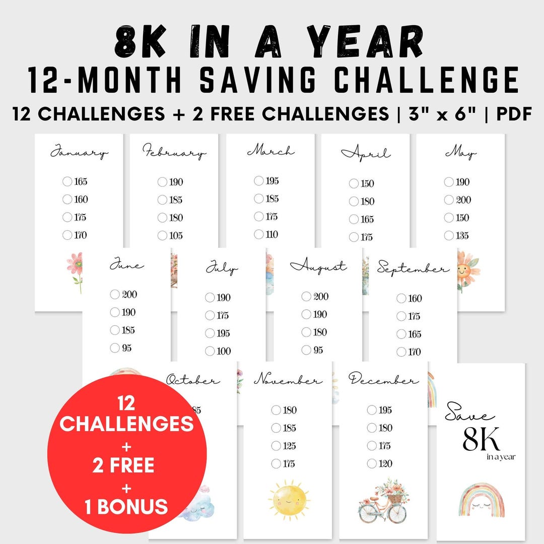 8K Savings Challenge Printable: Minimalist 12-month Tracker (A6 PDF) - Etsy