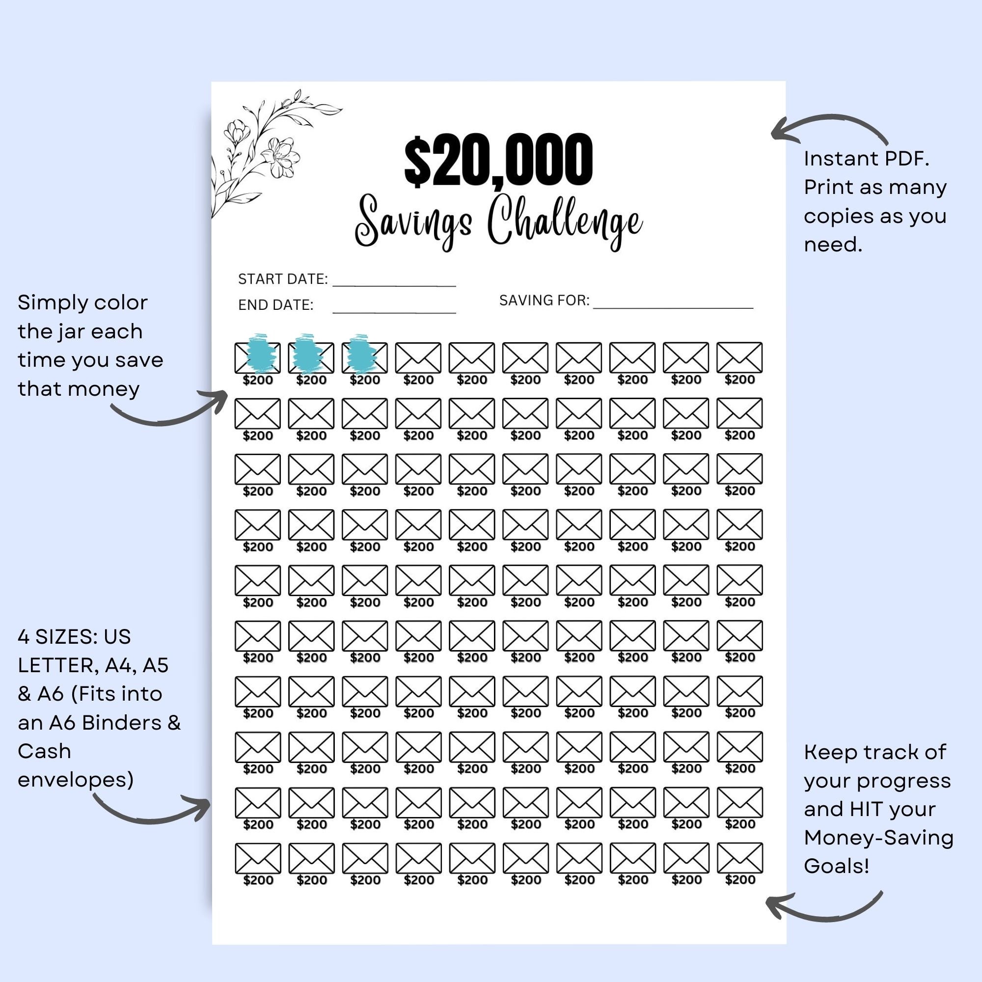 20K Saving Challenge Printable, 100 Envelope Challenge, 20k Challenge ...