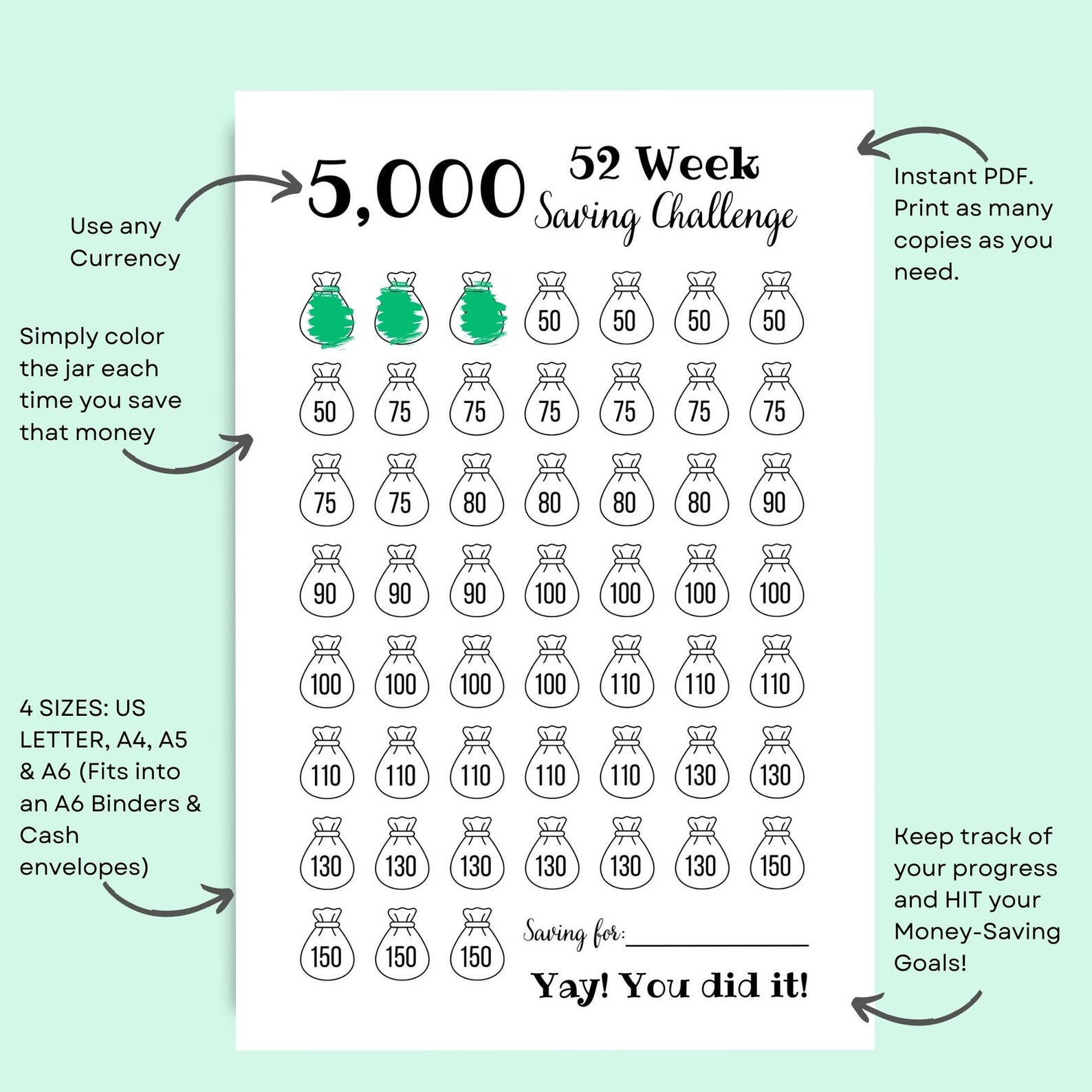 52 Week Saving Challenge Printable, 5K Money Challenge, 1 Year Savings Challenge, 5K Savings ...