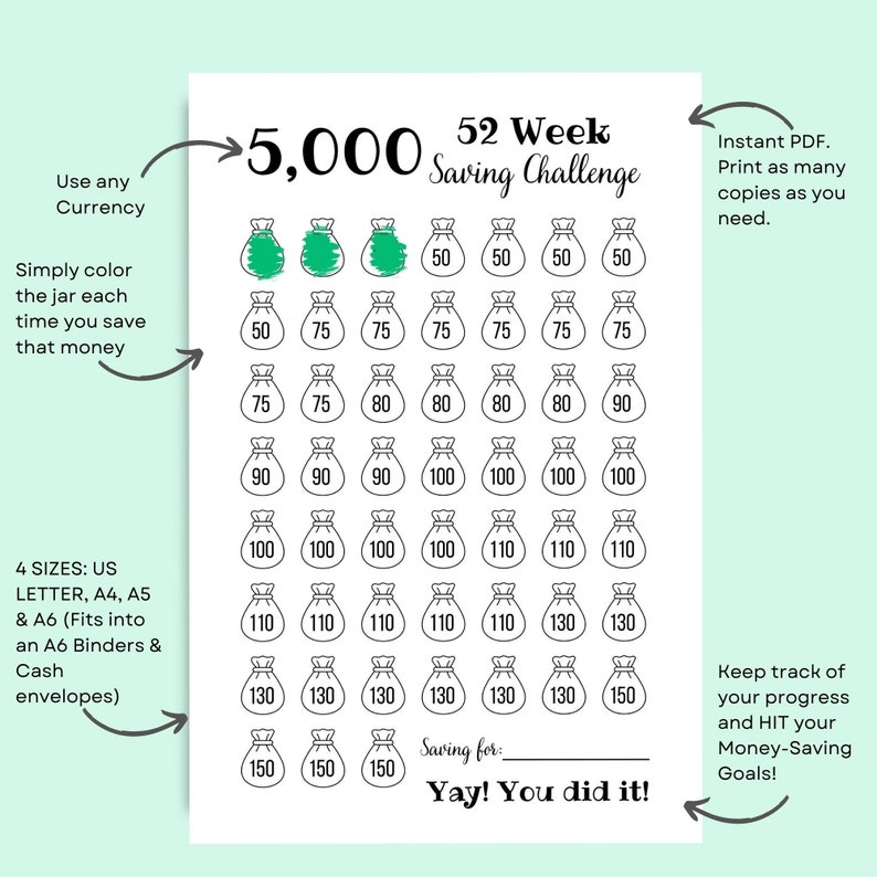 52 Week Saving Challenge Printable, 5K Money Challenge, 1 Year Savings ...