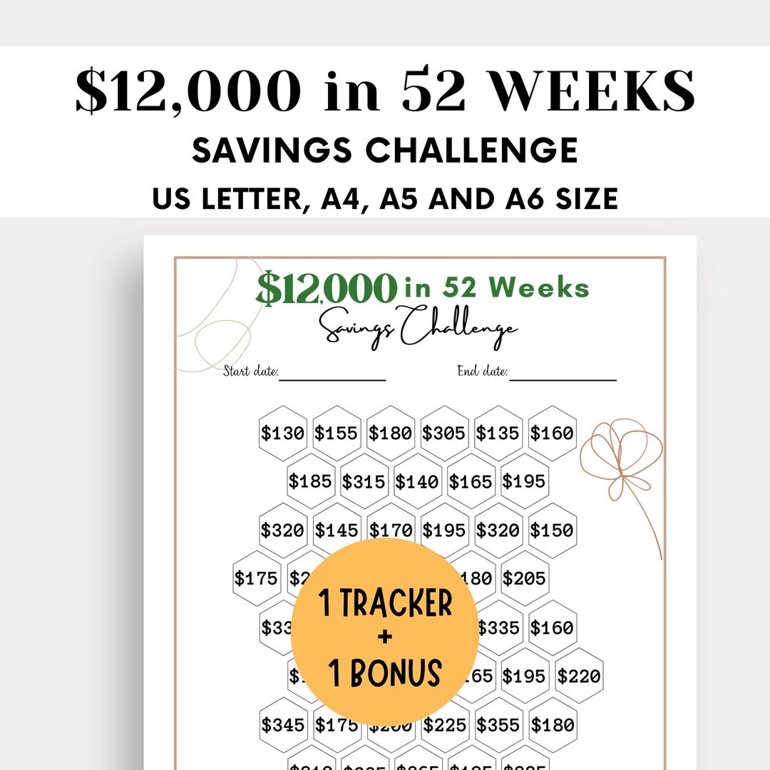 12K Money Challenge, 52 Week Saving Challenge Printable, Boho 1 Year ...