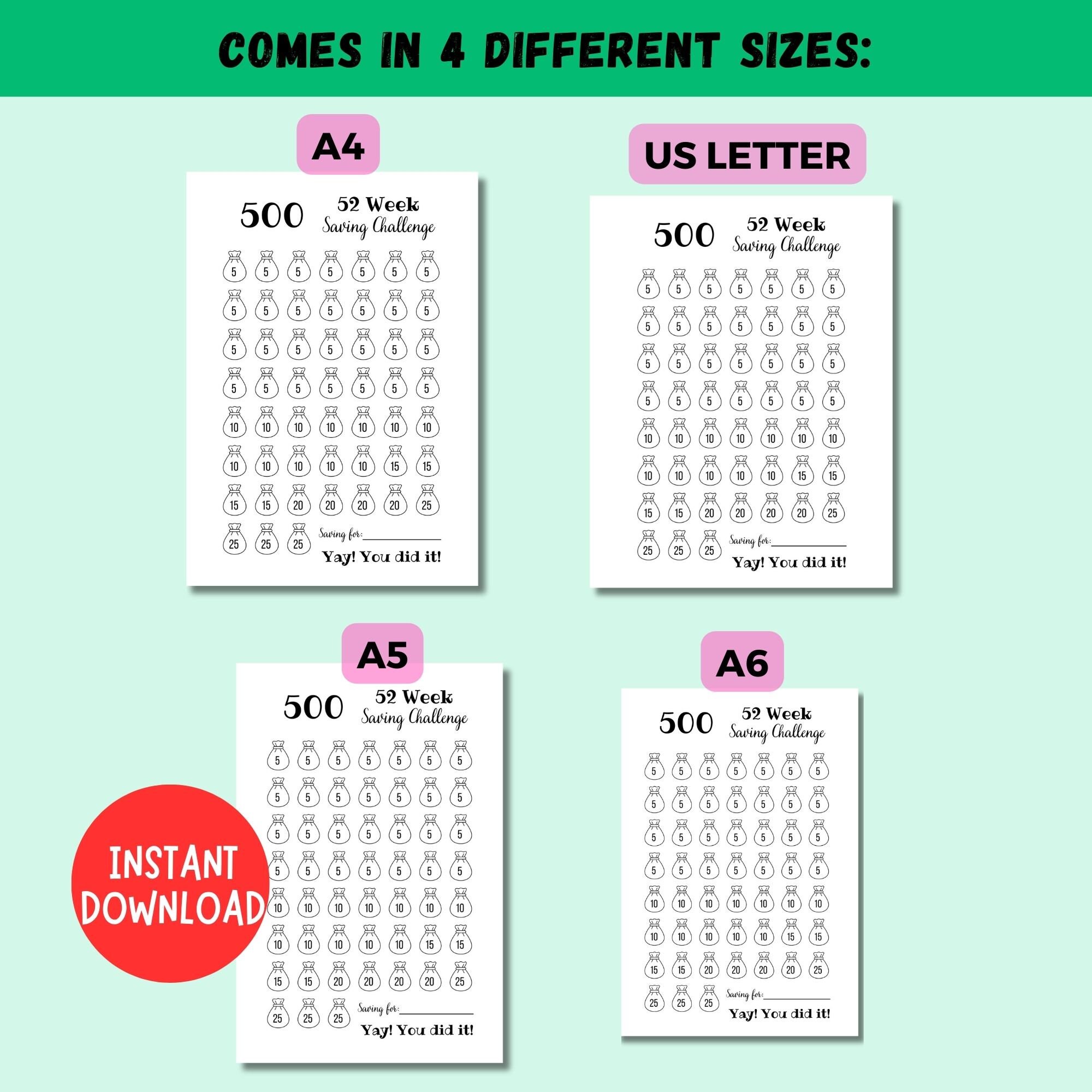 52 Week Saving Challenge Printable, 500 Money Challenge, Save 500 ...