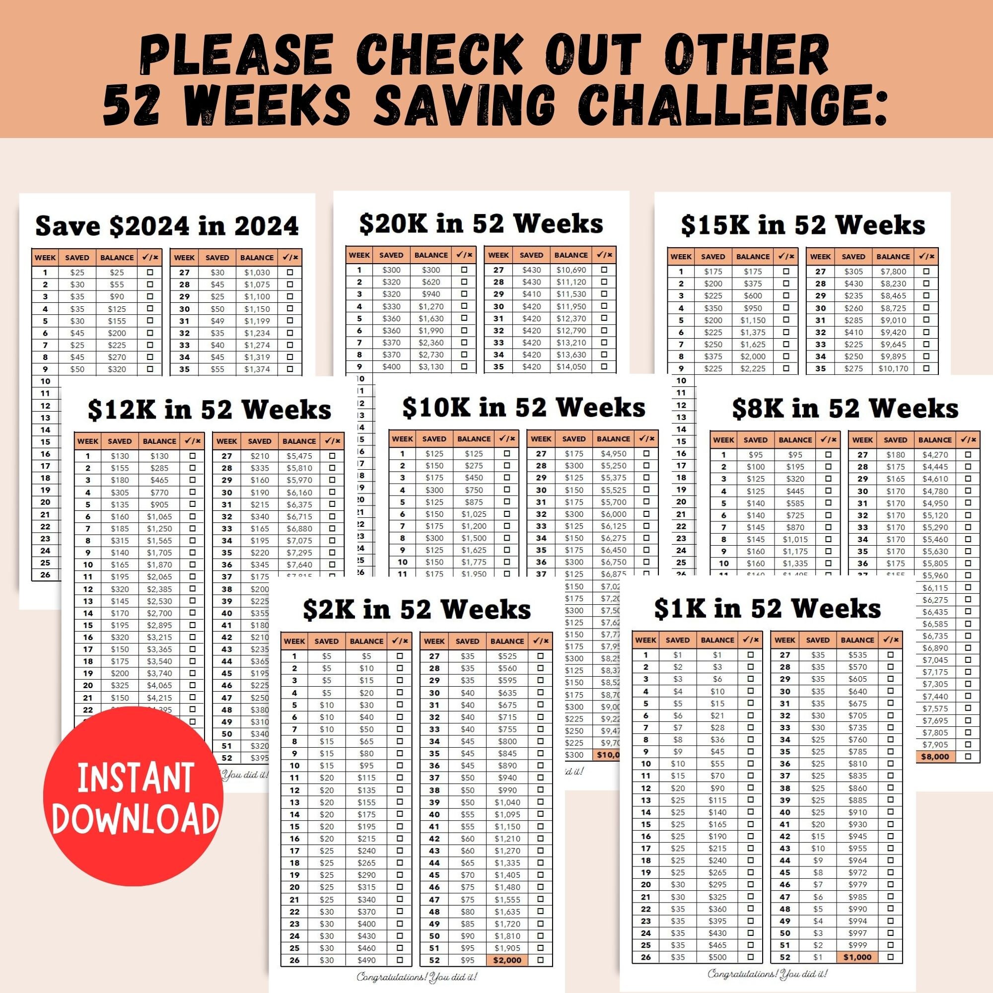 2024 52 Week Money Challenge Printable