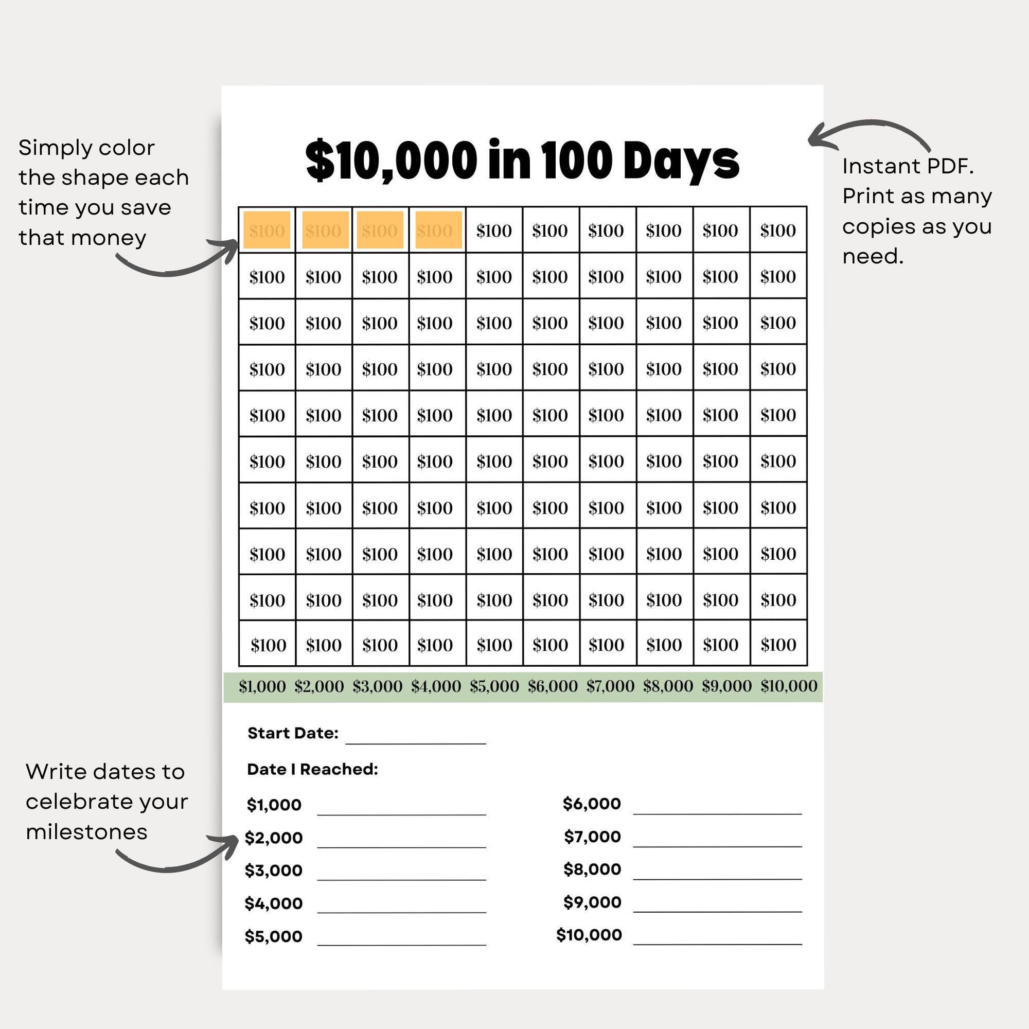 10,000 Money Saving Challenge Printable, Save 10,000 in 100 Days, Savings Tracker, 10k in 100 ...