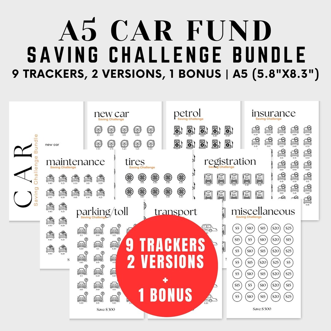 A5 Car Savings Challenge Bundle: Printable Savings Trackers (digital ...