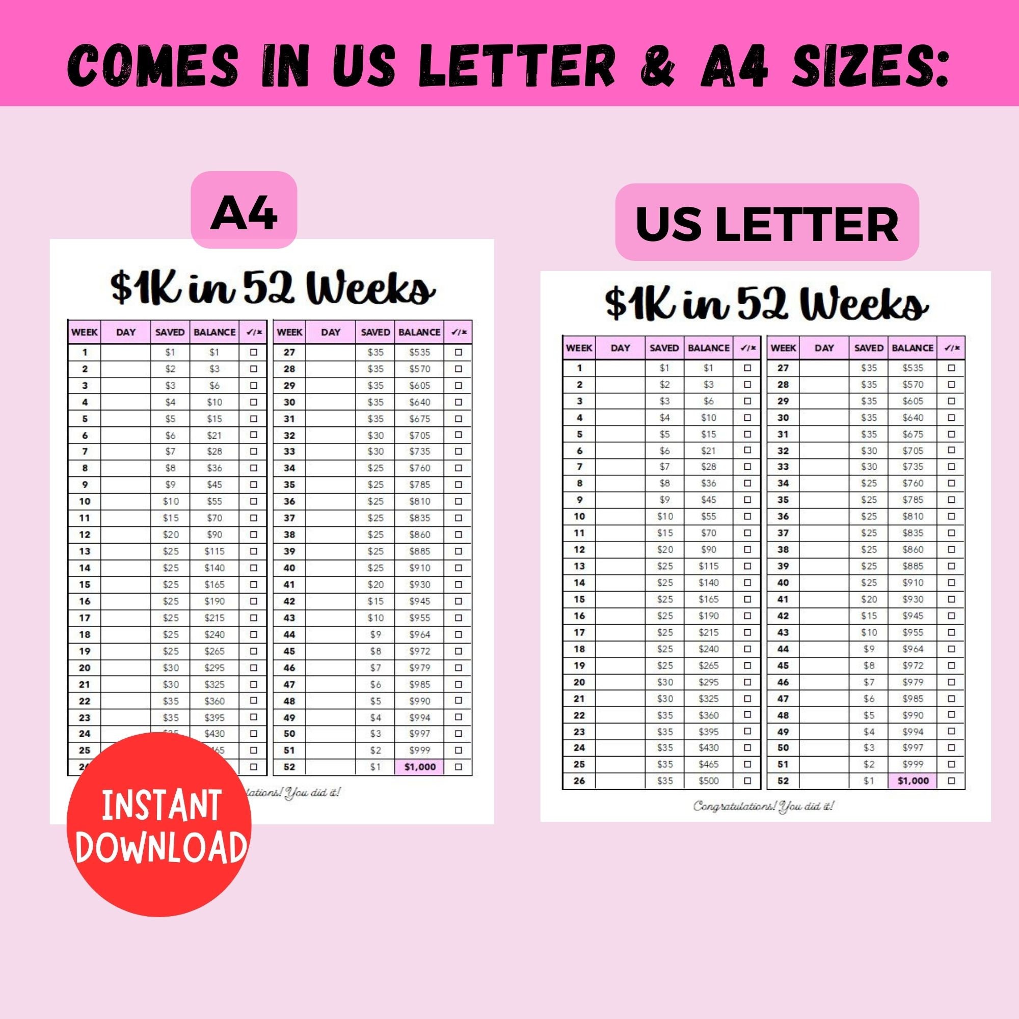 52 Weeks Saving Challenge Printable, 1K Savings Challenge, 1000 Money Challenge, 1 Year Savings ...