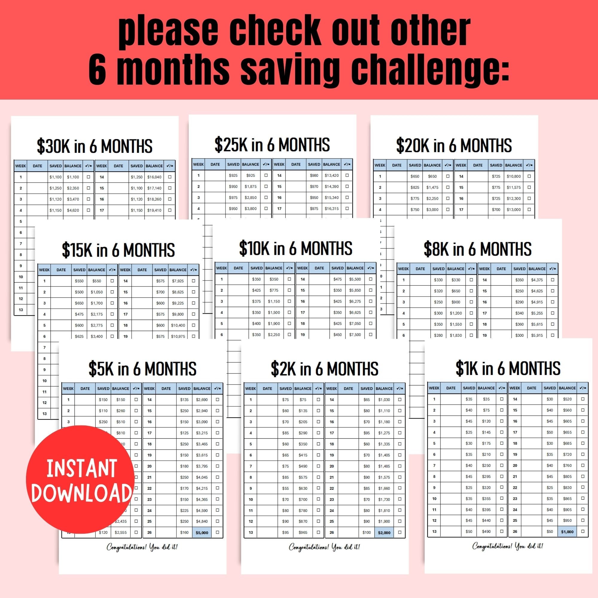6 Months Savings Challenge Printable, 12K Savings Challenge, 26 Weeks ...
