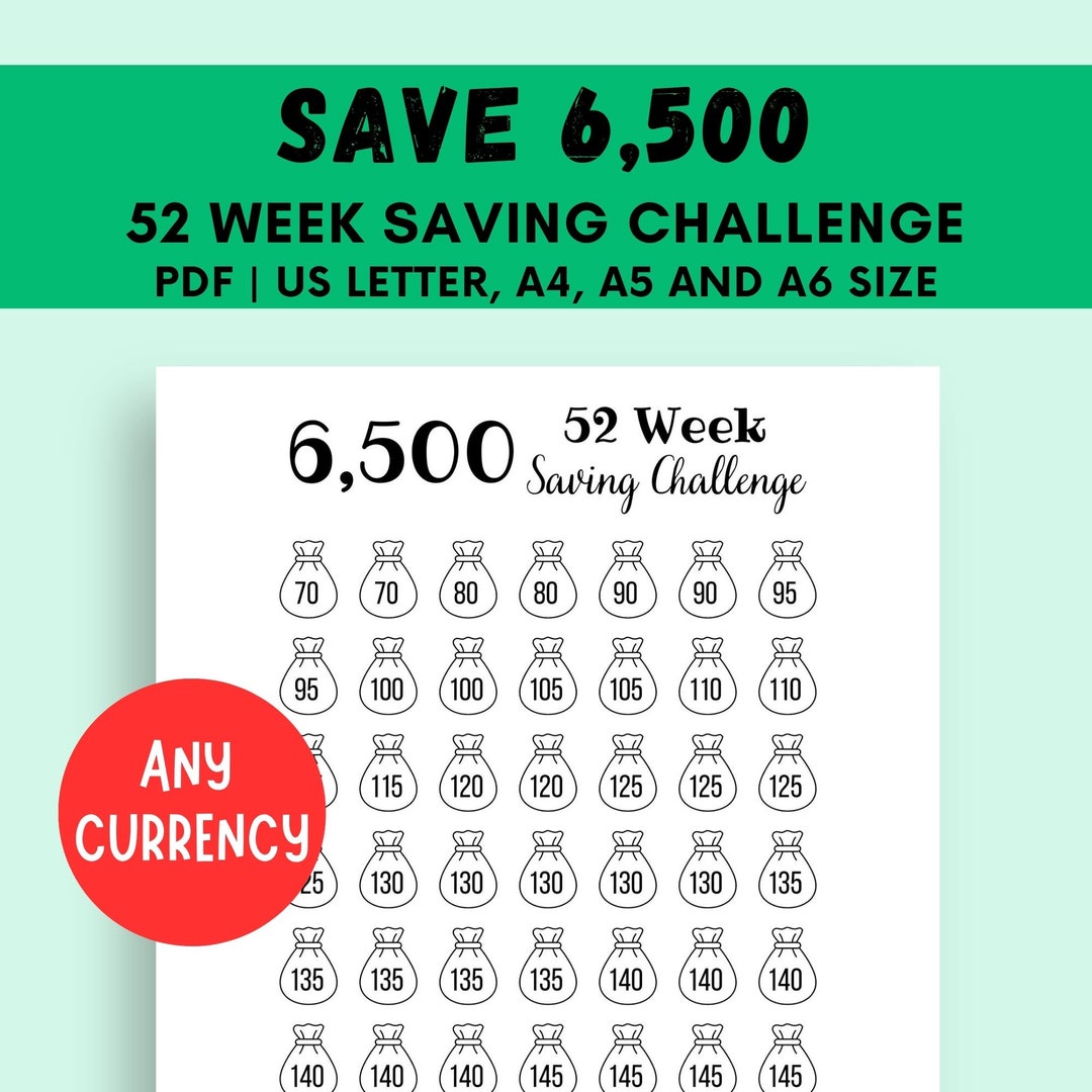 52 Week Saving Challenge Printable, 6500 Money Challenge, 1 Year ...