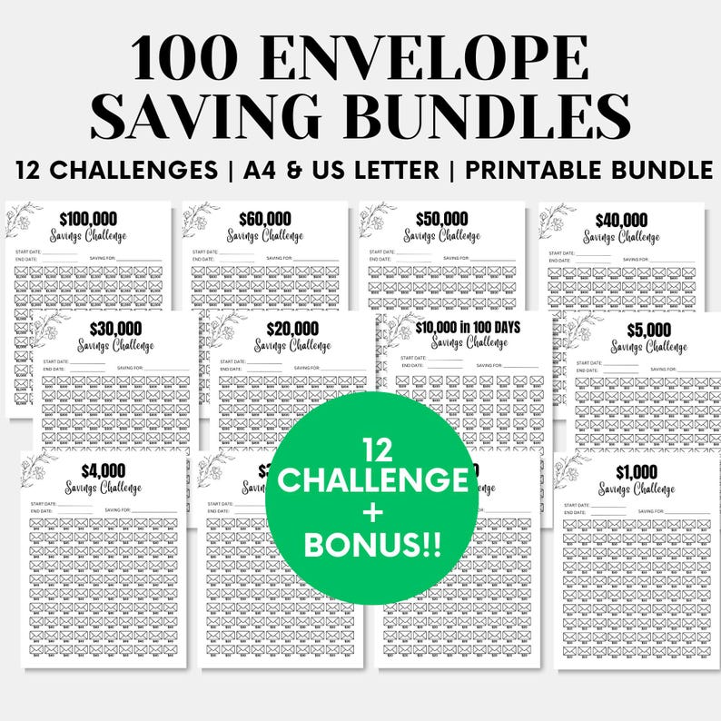 100 Envelope Savings Challenge Printable Bundle, 100 Days Savings ...
