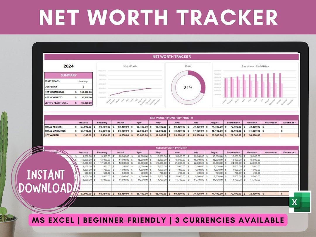 Net Worth Tracker Dashboard, Personal Finance Net Worth Tracker, Assets ...
