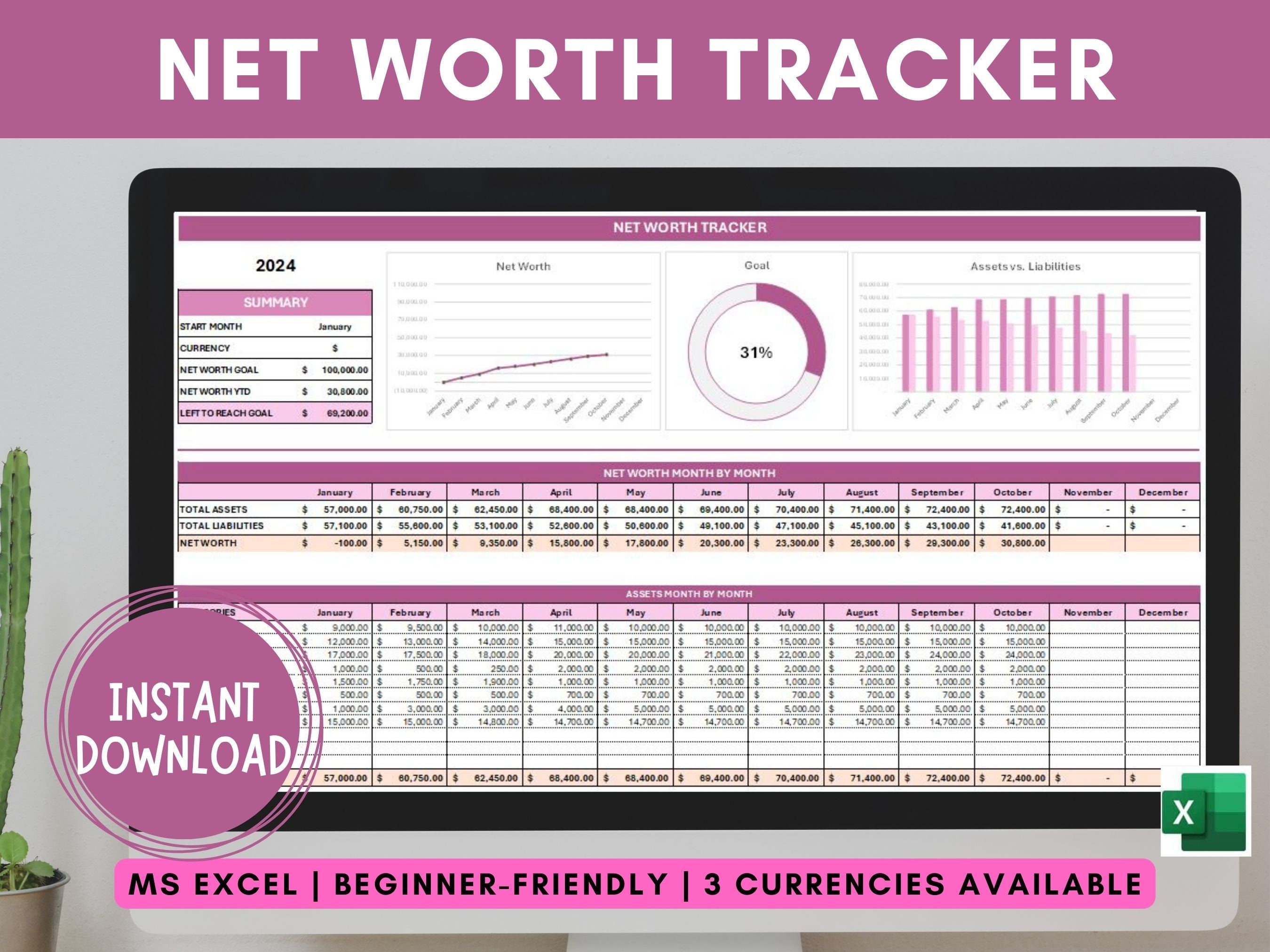 Net Worth Tracker Dashboard, Personal Finance Net Worth Tracker, Assets ...