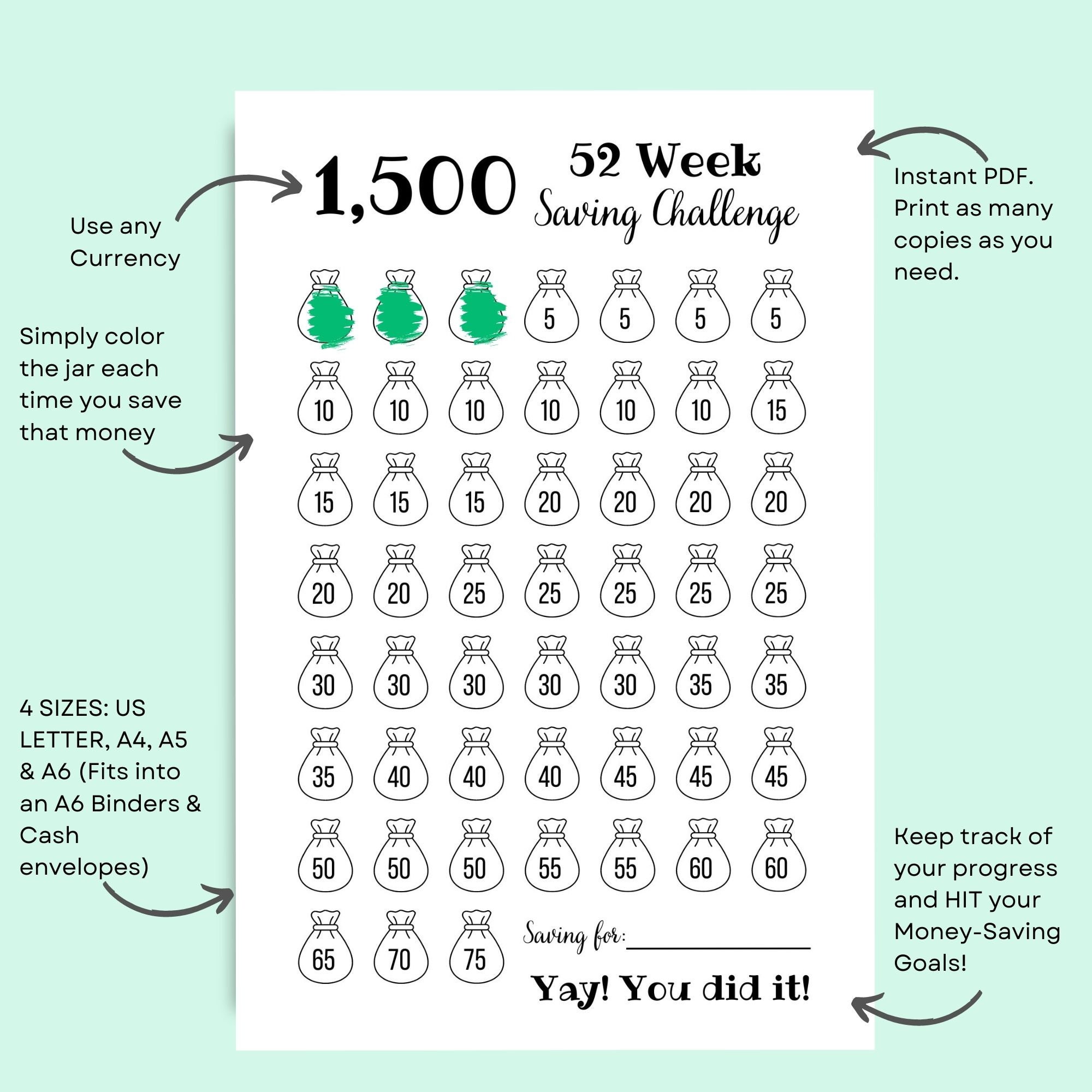52 Week Saving Challenge Printable, 1500 Money Challenge, 1 Year ...