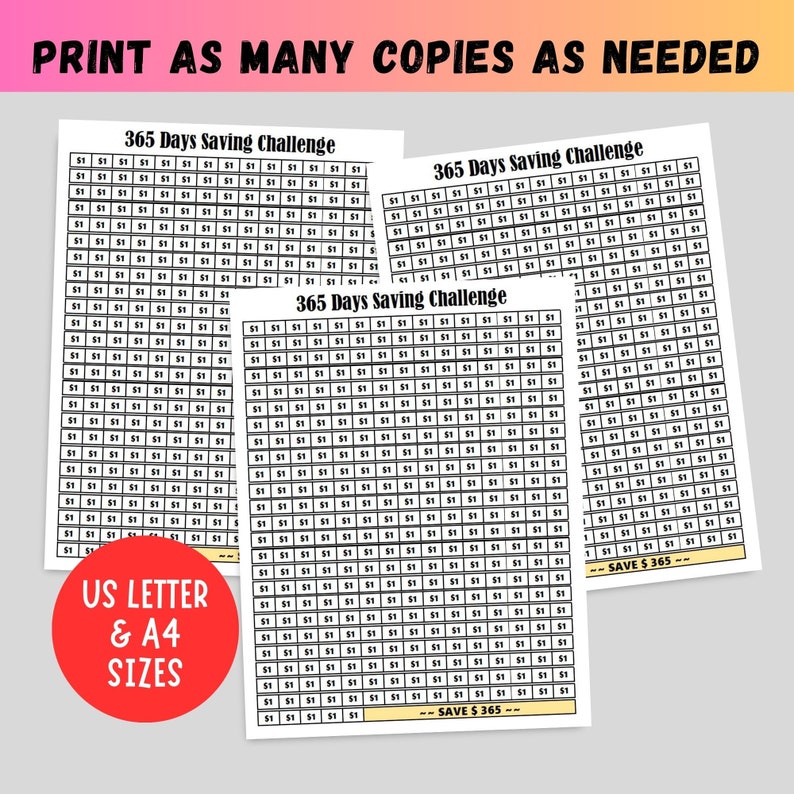 365 Days Savings Challenge, Printable Savings Tracker, 1 Dollar Daily ...