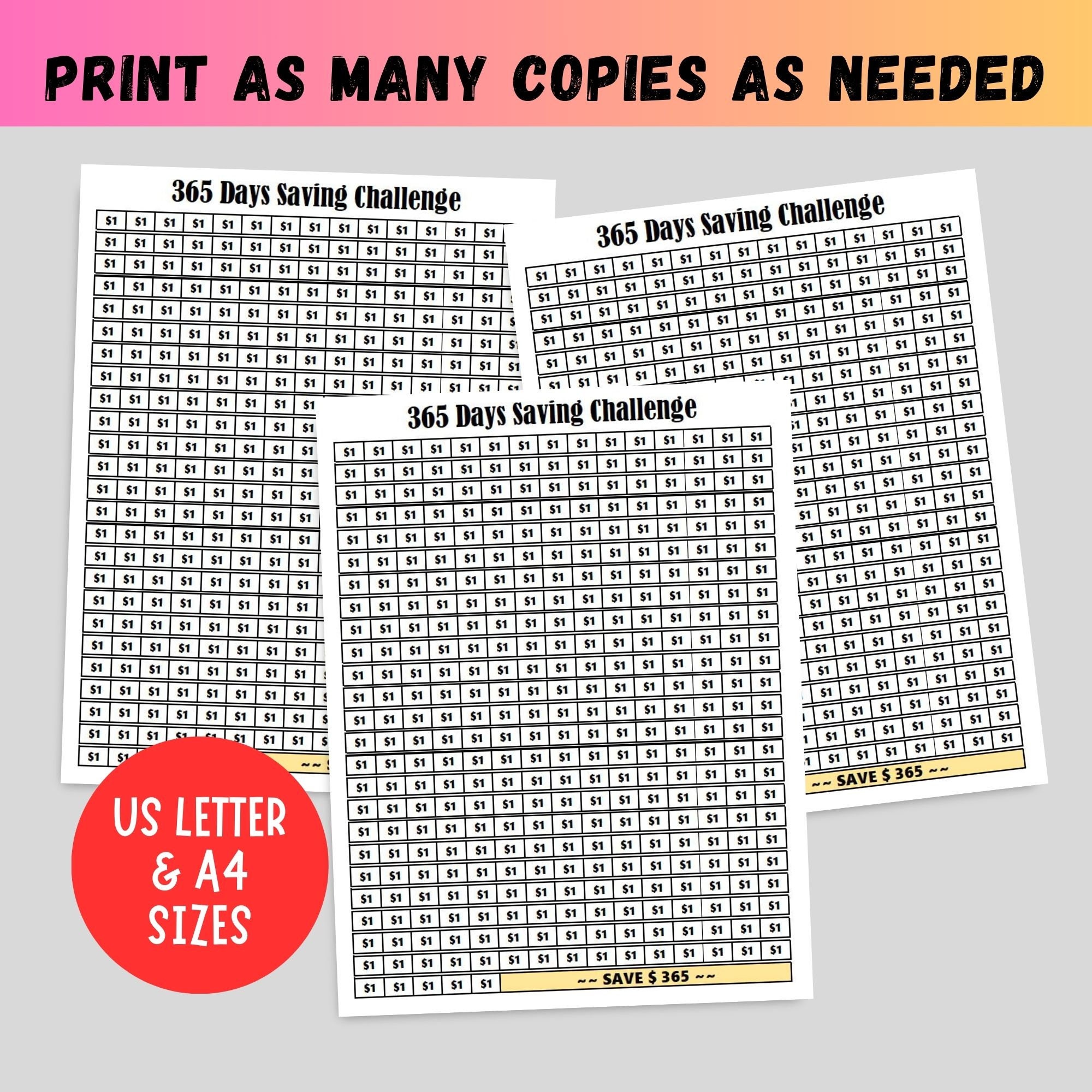 365 Days Savings Challenge, Printable Savings Tracker, 1 Dollar Daily ...