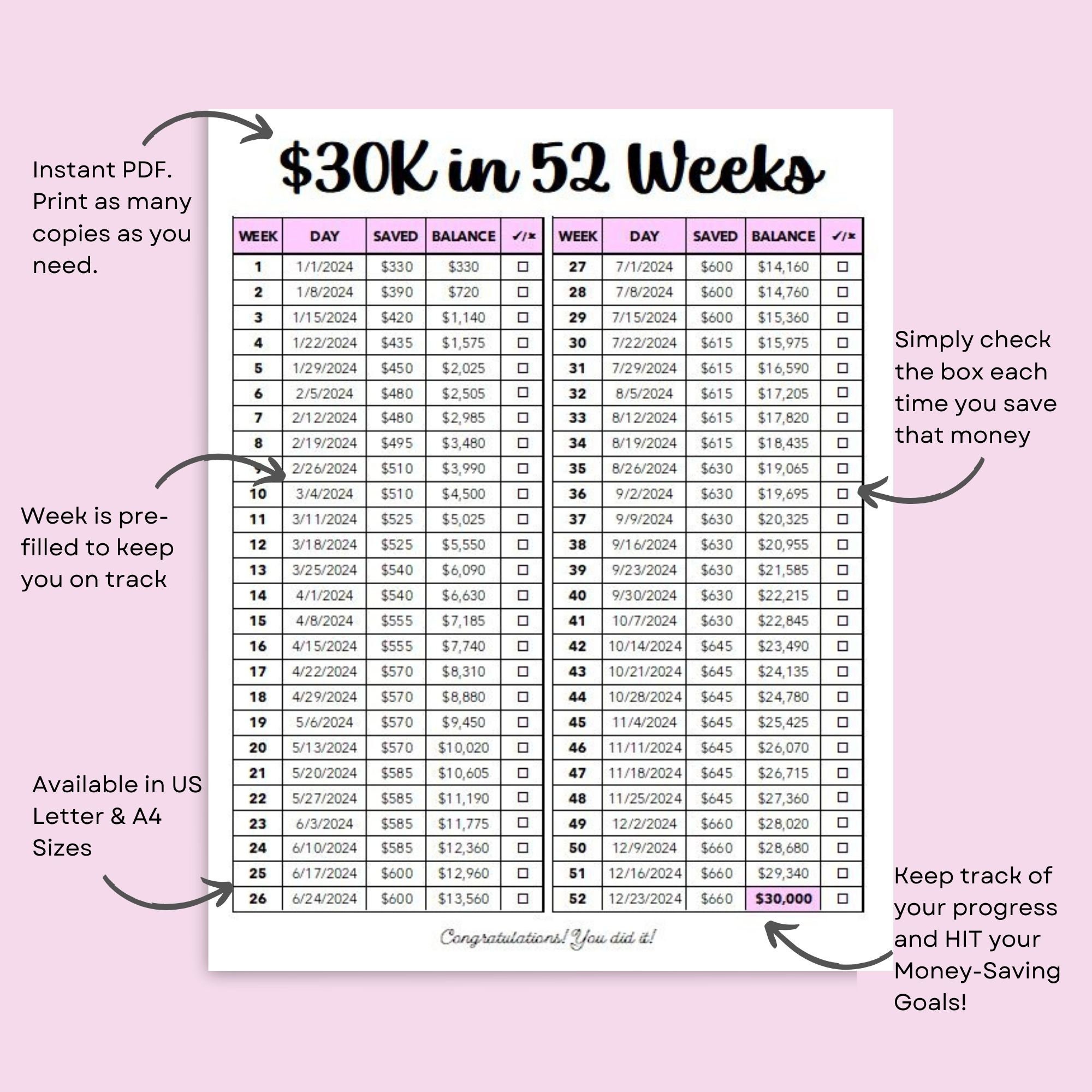 52 Week Saving Challenge Printable, 30K Saving Challenge, 1 Year ...