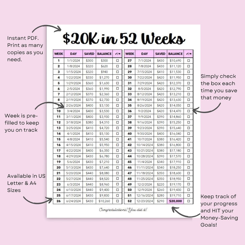 52 Week Saving Challenge Printable, 20K Saving Challenge, 1 Year ...