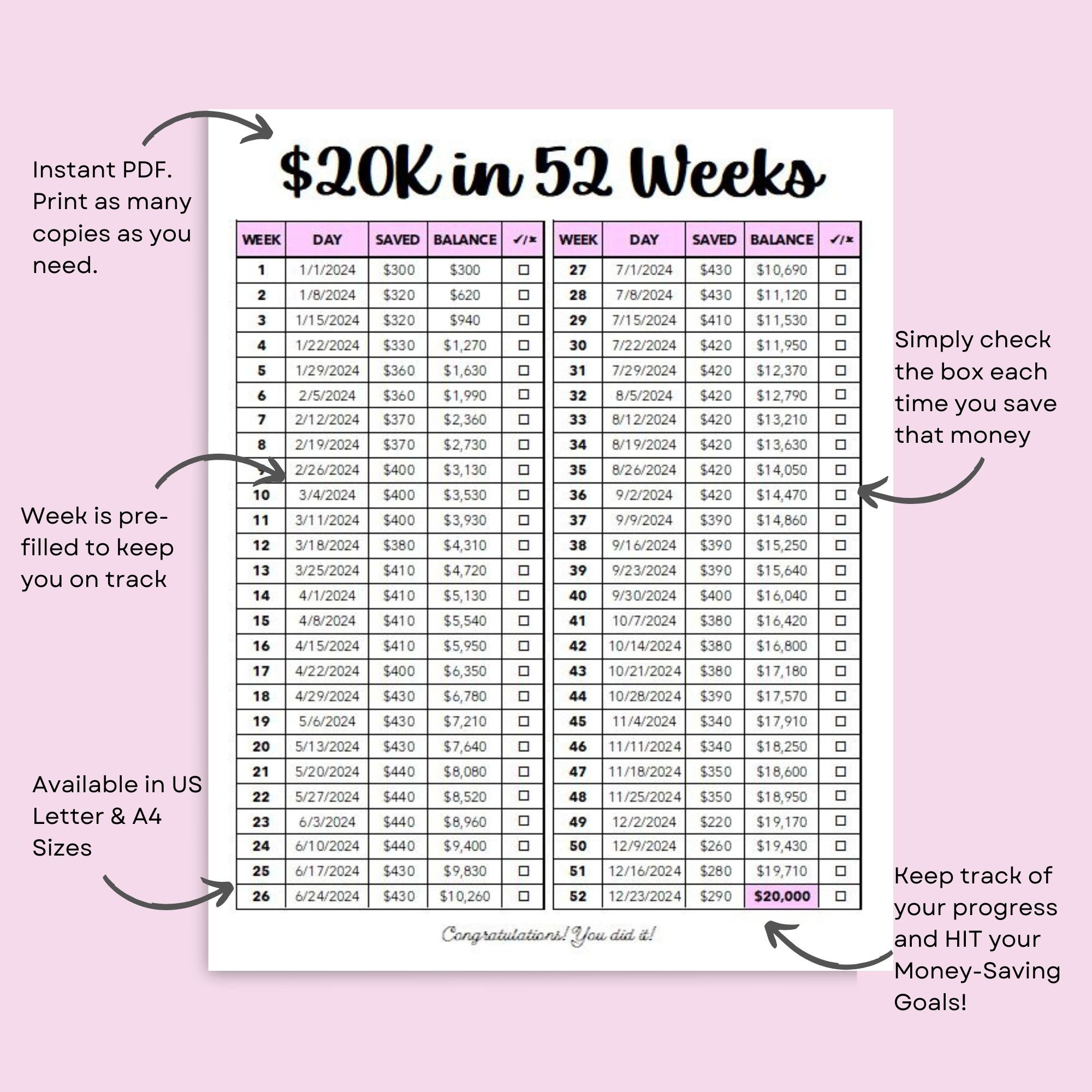 52 Week Saving Challenge Printable 20k Saving Challenge 1 Year