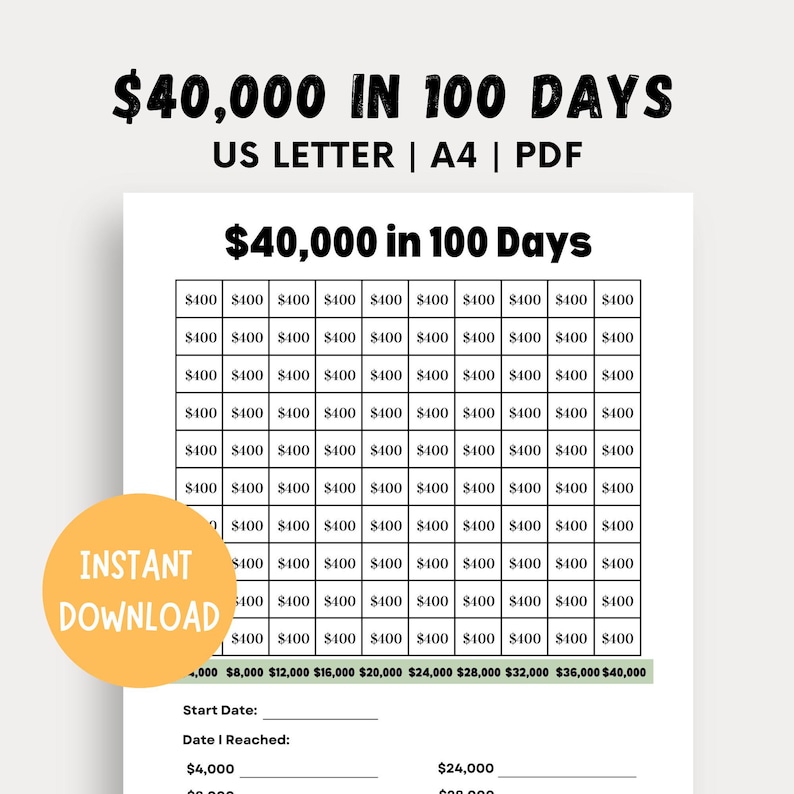40,000 Money Saving Challenge Printable, Save 40,000 in 100 Days ...
