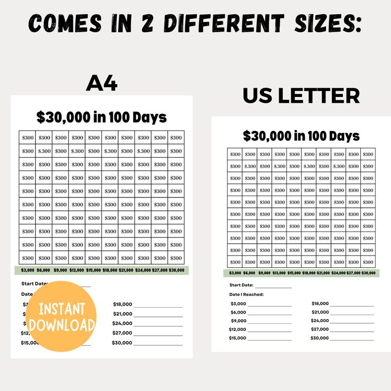 30,000 Money Saving Challenge Printable, Save 30,000 in 100 Days ...
