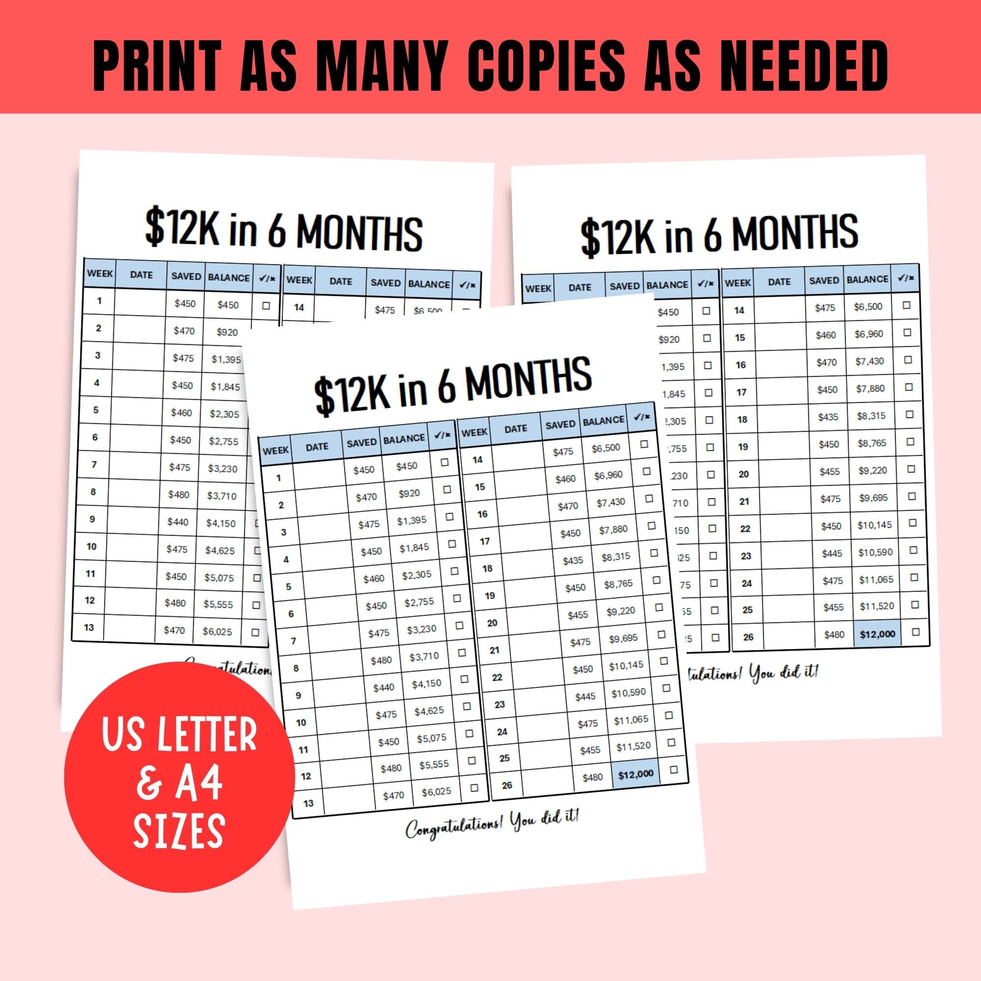 6 Months Savings Challenge Printable, 12K Savings Challenge, 26 Weeks Saving Tracker, 12K ...