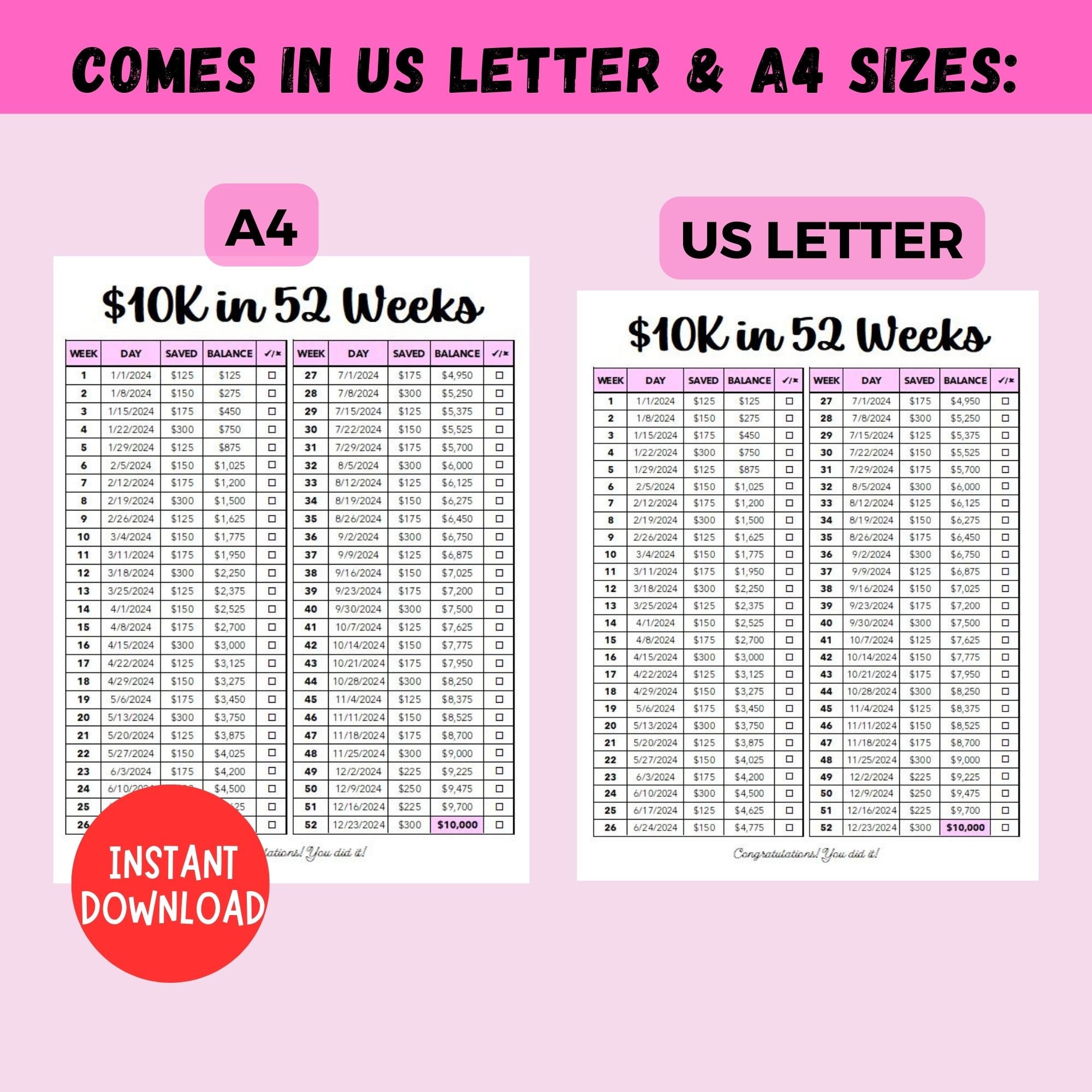 52 Week Saving Challenge Printable, 10K Saving Challenge, 1 Year ...
