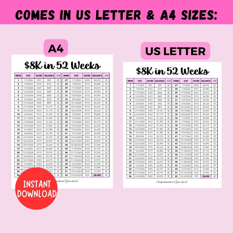 52 Week Saving Challenge Printable, 8K Saving Challenge, 1 Year Savings Challenge, 8K Savings ...