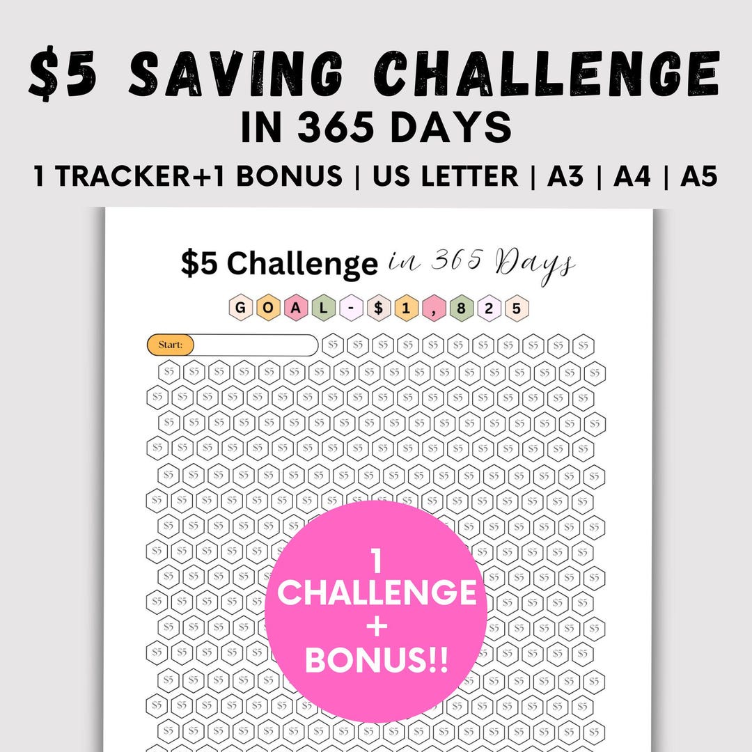 5 Dollar Bill Challenge Printable, Savings Challenge, Savings Tracker ...