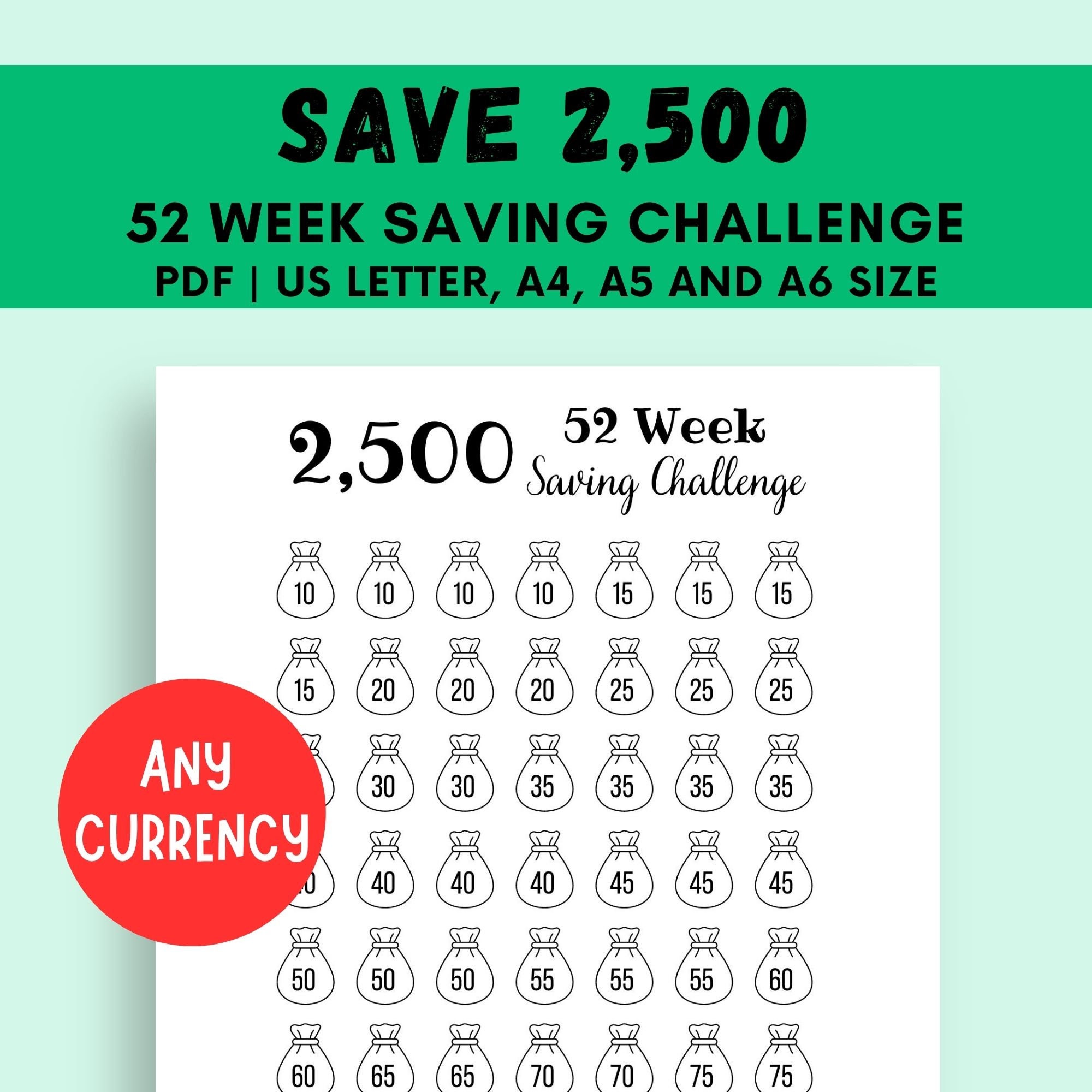 52 Week Saving Challenge Printable, 2500 Money Challenge, 1 Year ...