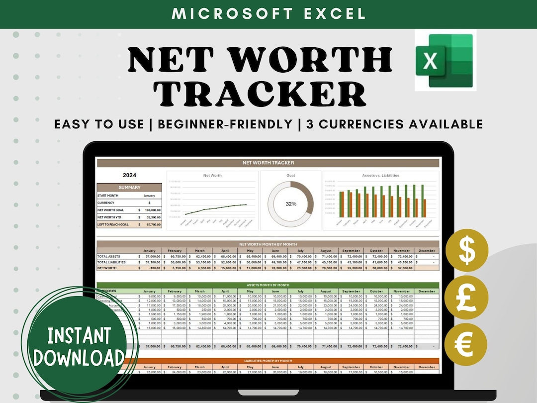 Net Worth Tracker Spreadsheet, Excel Net Worth Calculator, Finance ...