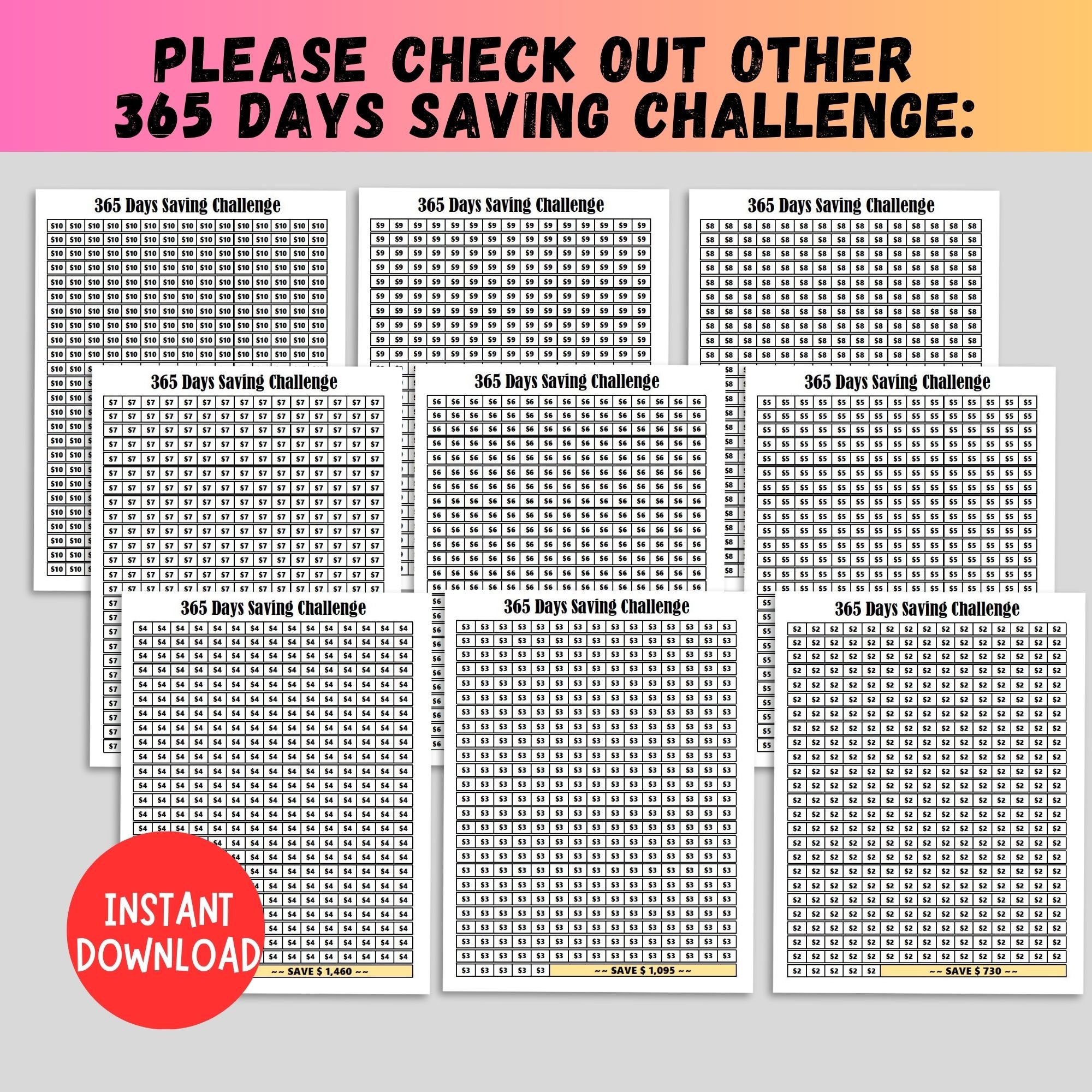 365 Days Savings Challenge, Printable Savings Tracker, 1 Dollar Daily Saving Challenge, 1 Year ...